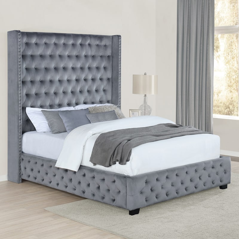 Wingback Tufted Bed in Grey - Overstock - 36111055
