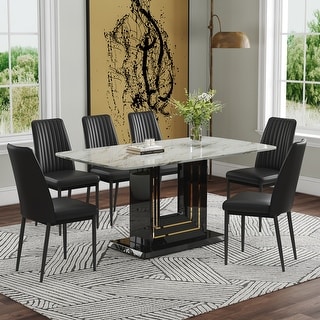 7-Piece Modern Dining Table Set with Glass Rectangular Dining Room Table with U-shaped Table ...