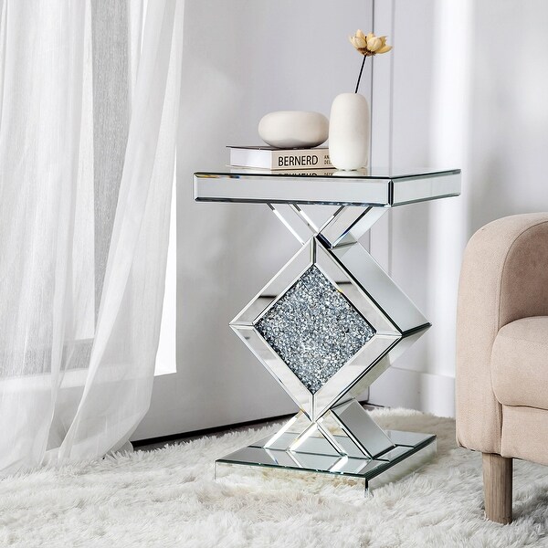 Modern Mirrored Glass Top End Table with Crushed Diamond Mirror Glass