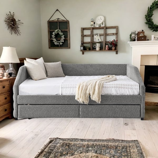 French Queen Size Daybed with Two Drawers Trundle Upholstered Tufted ...