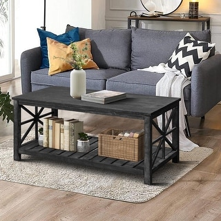 Rectangular Coffee Table Open Base Wooden Sofa Side Table, Black - Bed ...