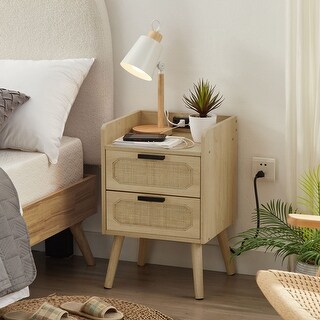 Rattan Wooden Nightstand Natural Bedside Table with Two Drawers Coffee Table with Socket Side ...