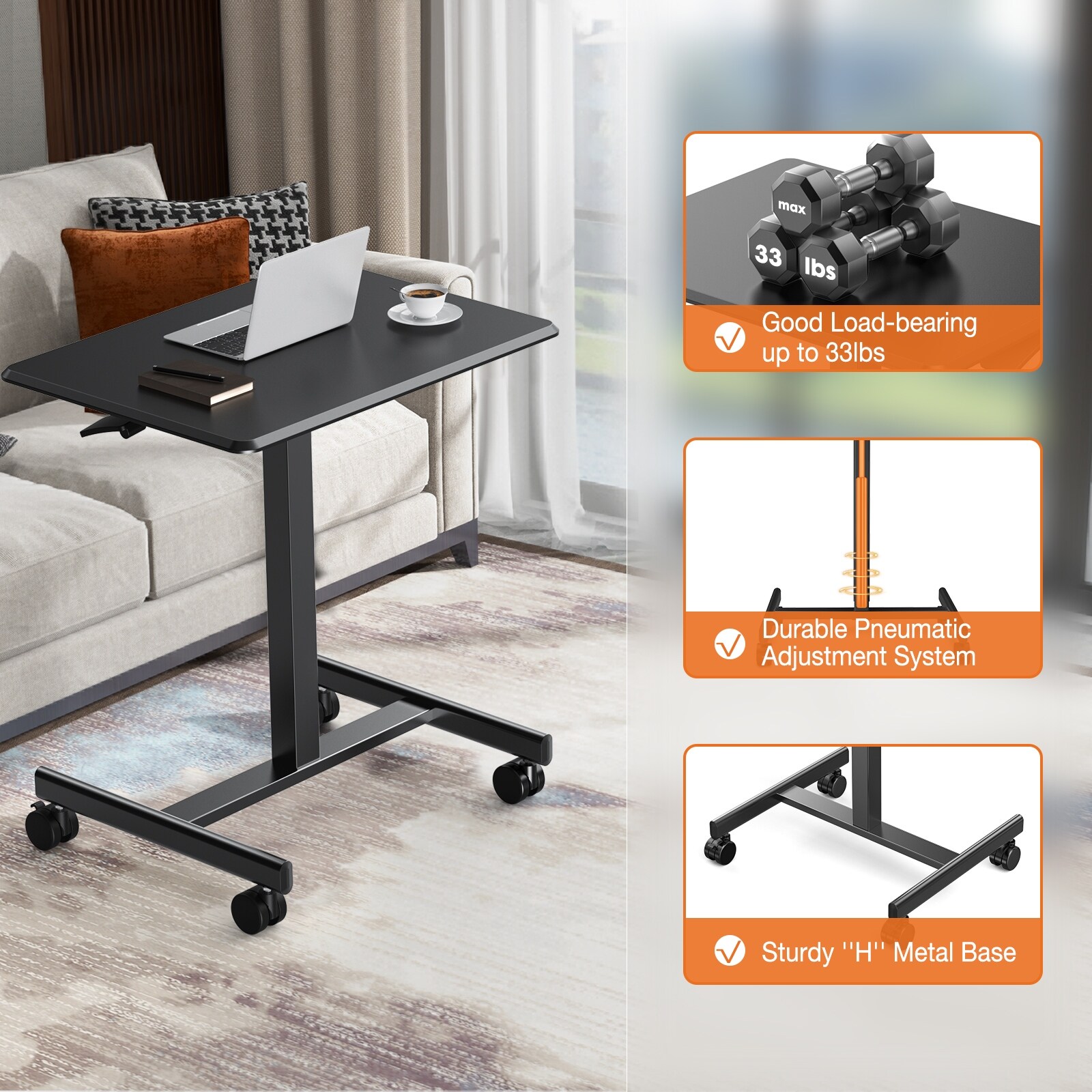 Small Mobile Rolling Standing Desk Laptop Computer Cart Rustic Brown