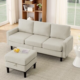 Beige 74.8'' Fabric L-Shaped Sectional Sofa with Reversible Ottoman ...