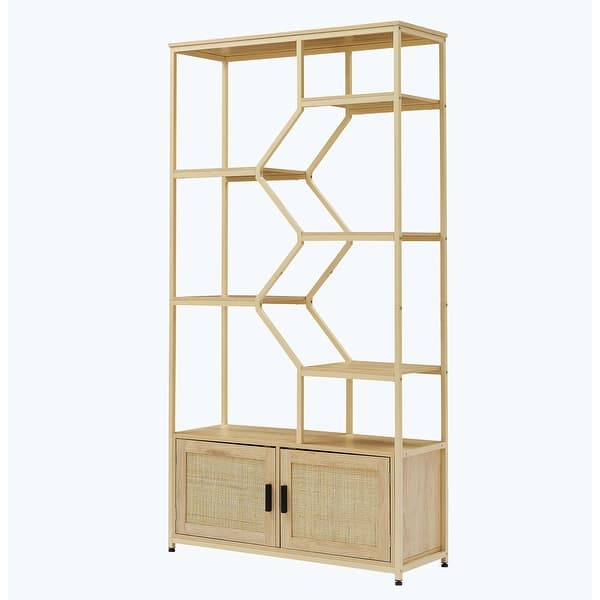 Rattan bookshelf 5 tiers Bookcases Storage Rack with cabinet for Living ...
