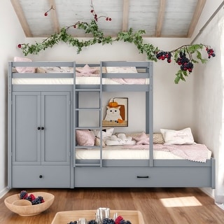 Unique Twin over Twin Bunk Bed With Wardrobe,Drawers And Shelves - Bed ...