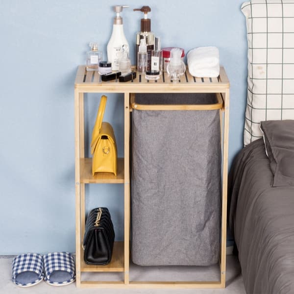 Bamboo Laundry Hamper Table with Storage Shelves and Sliding Bag - Bed ...