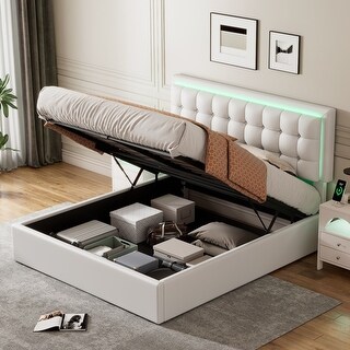 Queen Size Bed Tufted Upholstered Platform Bed with Storage System,PU ...