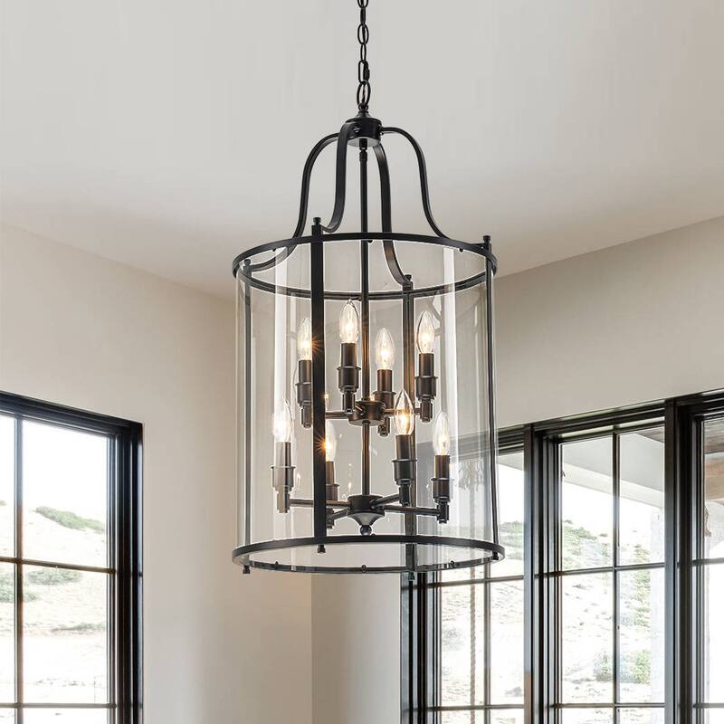 Classic Clear Glass Matte Black Round Entry Lantern Light 17in - Bed ...