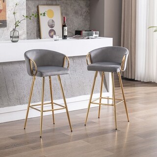 Set of 2 Bar Stools with Chrome Footrest and Base Velvet and Golden Leg ...