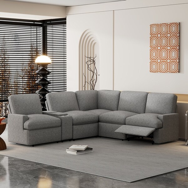104 L Shape Sectional Sofa w Cup Holders Power Recliner Corner Sofa Home Theater Reclining Sofa w USB Ports Power Socket Grey