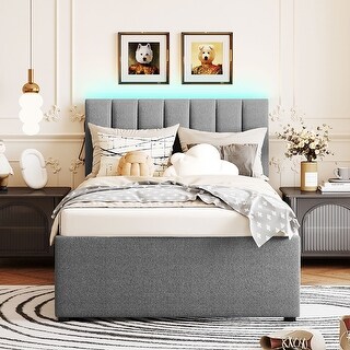 APP Control LED Bedframe, Twin Teddy Fleece Platform Bed wTrundle Bed ...