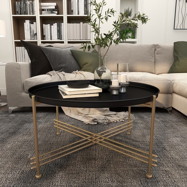 Studio 350 Black Metal Tray Top Living Room Coffee Table with Gold X Shaped Base 33 x 33 x 19