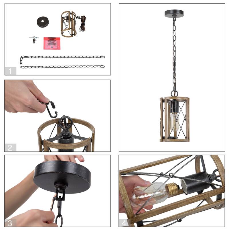 Modern Farmhouse 1-Light Cylinder Wood Grain Pendant Lights for Kitchen ...