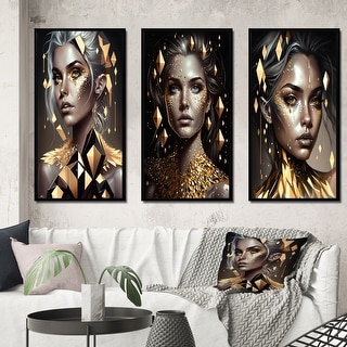 Designart "Radiating Golden Woman III" Modern Woman Framed Wall Art Set ...