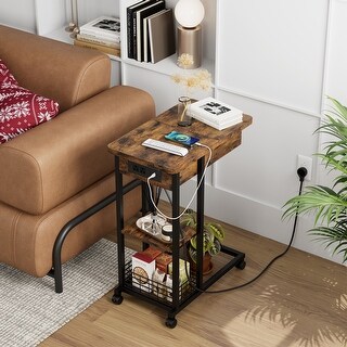C Shaped Side Table with 3 Tier Storage Shelf USB Ports and Outlets ...