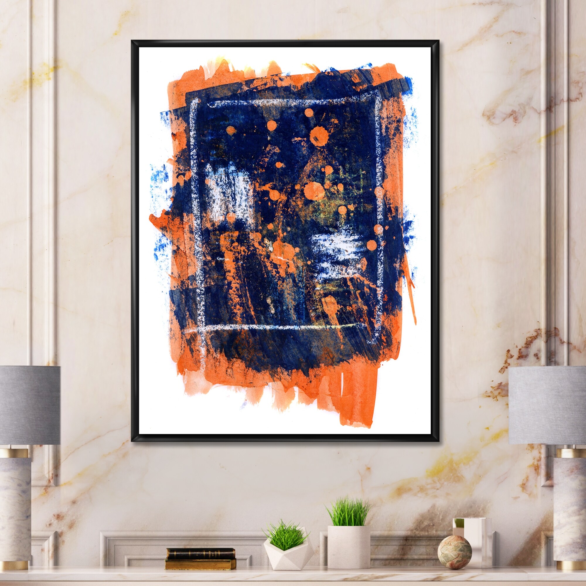Designart Orange and Navy Blue Abstract Modern Framed Canvas Wall Art Print