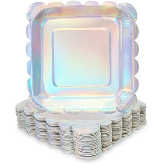 Silver Paper Plates with Scalloped Edge, Holographic (7 Inches, 48 Pack ...