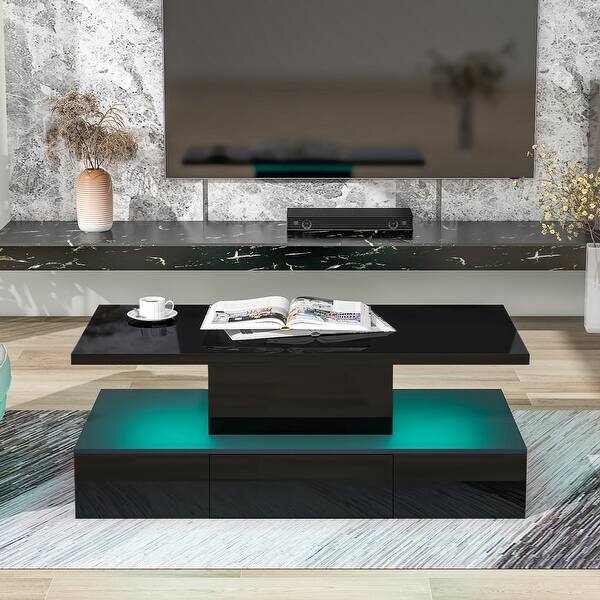 Modern Glossy Coffee Table With Drawer 2-Tier Rectangle Sofa Tables and ...