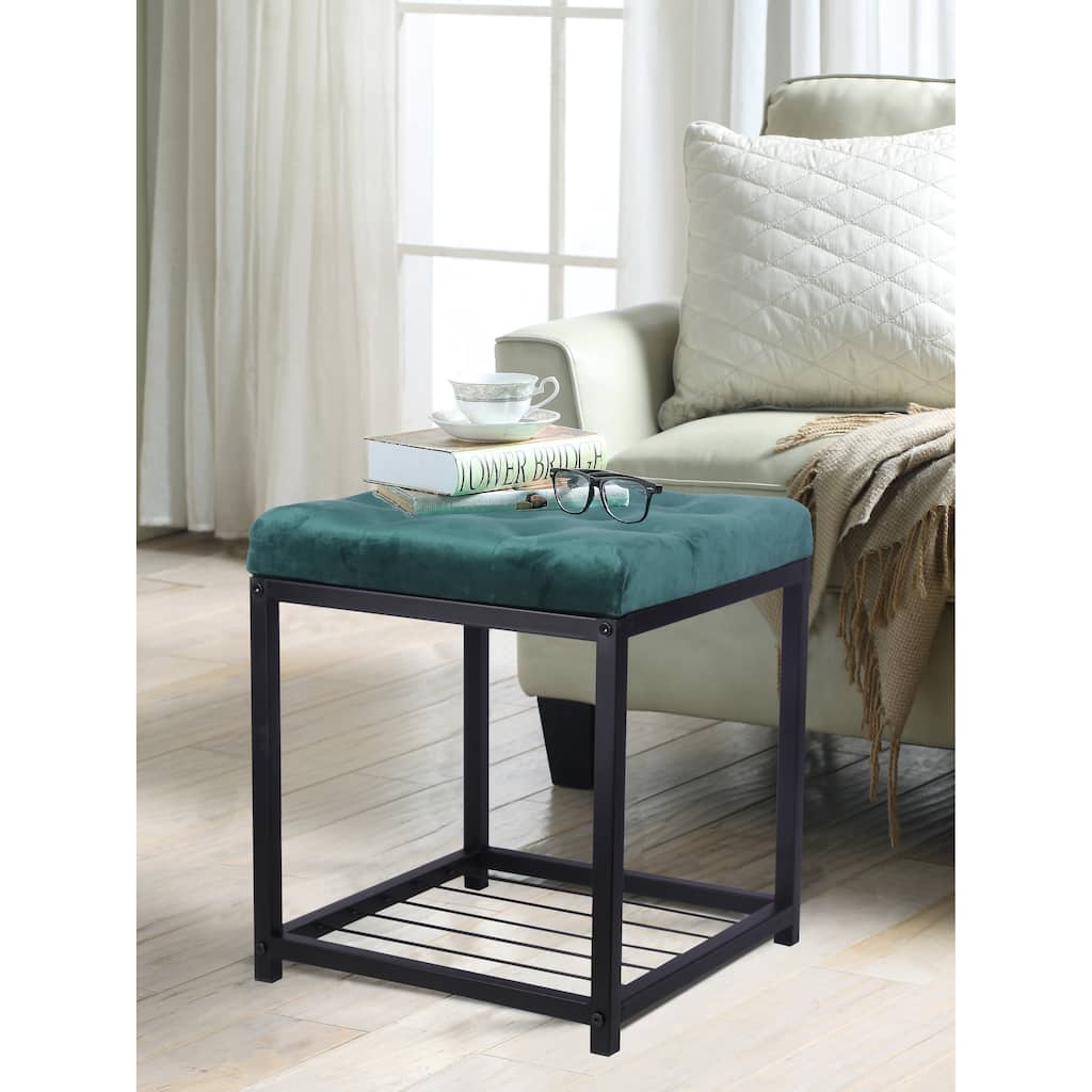 Turquoise Tufted Ottoman - Metal Frame - Square Upholstered Bench - 1 ...