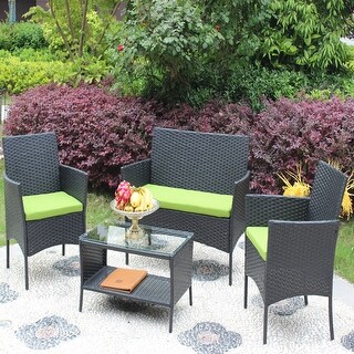 Green 4 Pieces Rattan Patio Furniture Set Outdoor Patio Cushioned Seat ...