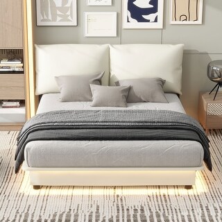 White Floating Bed Frame with Sensor Light Thick Headboard - Bed Bath ...