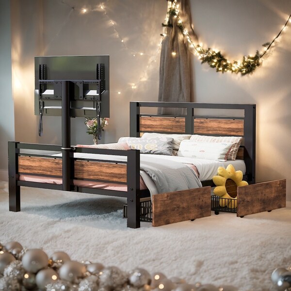 Twin Size Metal Platform Bed with MDF Headboard and Footboard Two Storage Drawers and Rotatable TV Stand Black