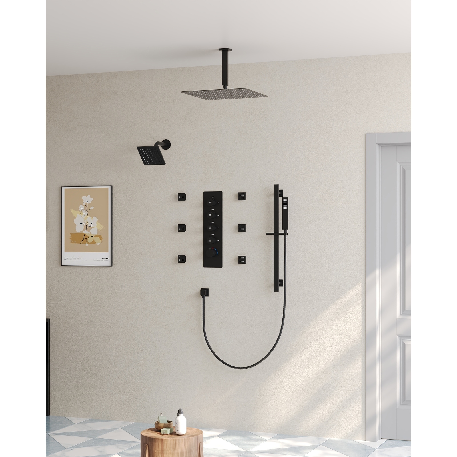 Triple Heads 12" Rainfall & Dual 6" High Pressure Shower Systems with 3 ...