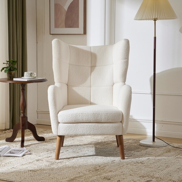 Gdf Studio Mid Century Teddy Wool Accent Chair with Birch Frame Ivory White