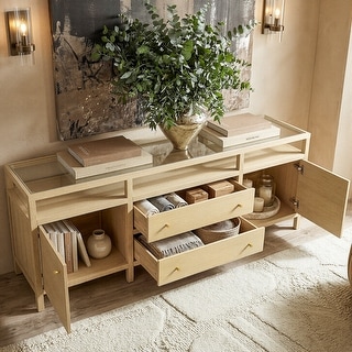 78.7" Solid Wood Sideboard with Tempered Glass Top Light Oak Buffet ...