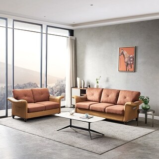 Flared Arms Sofa Set, 2pc Faux Leather & Linen Sofa, Loveseat+3 Seat ...