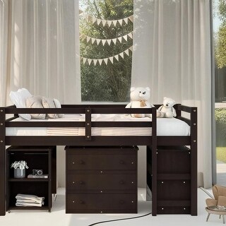 Low Study Full Loft Bed with Cabinet ,Shelves and Rolling Portable Desk ,Multiple Functions Bed ...