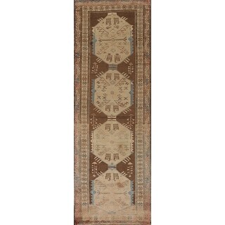 Beige & Brown Ardebil Persian Vintage Runner Rug Handmade Wool Carpet ...