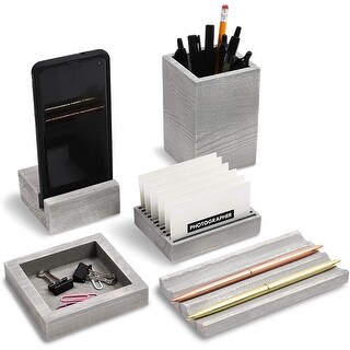 Rustic Wooden Desk Organizer 5 Piece Set in Vintage Gray - Bed Bath ...