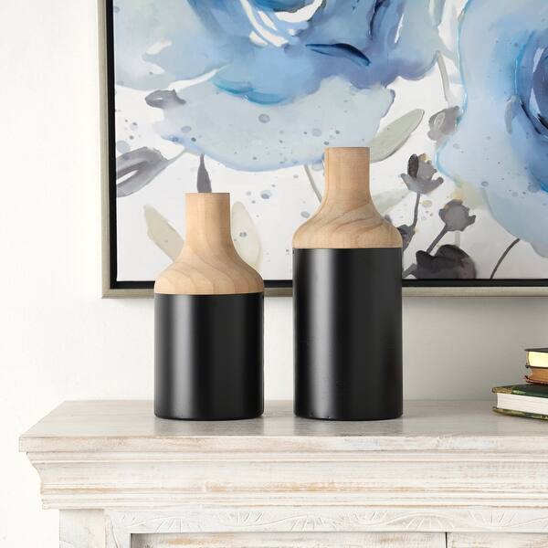 Black Wood Colorblock Decorative Vase with Light Brown Wood Tops (Set ...