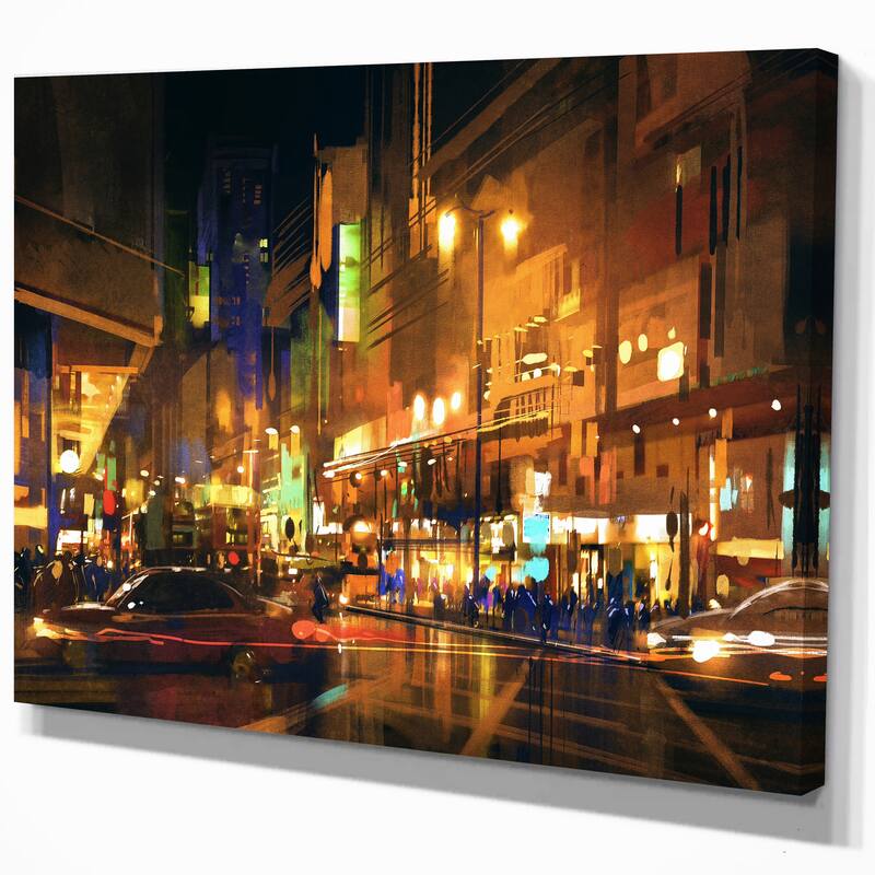 Designart "City street at night with Colorful Lights" Cityscapes Print ...