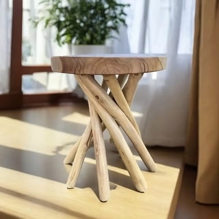 17" Rustic Solid Wood Top Tree Stump End Table Teak Branch Side Table ...