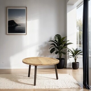 Handcrafted Round Coffee Table with Mango Wood Top and Black Metal Base ...