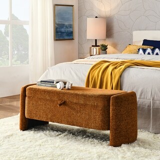 Oval Ottoman orange Storage Bench Chenille Fabric Bench with Large ...