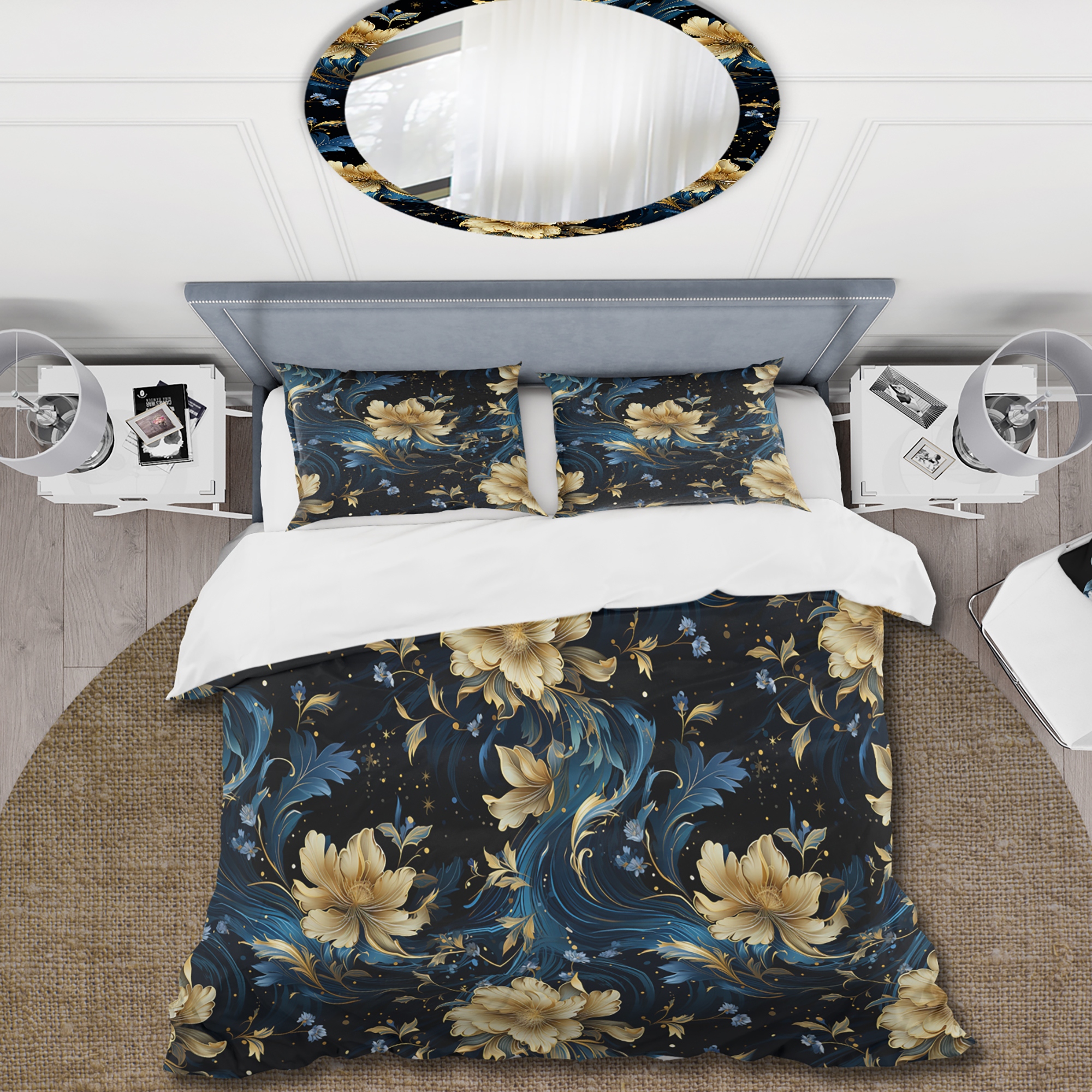 Designart Blue And Yellow Cosmic Damask Whirls Ii Damask Bedding Covert Set With 2 Shams Bed