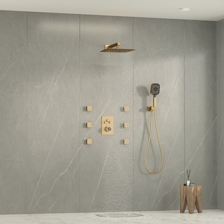 Wall Mount 12 Inch Rainfall Shower Head 3 Function Thermostatic Shower System with 6 Body Jets ...