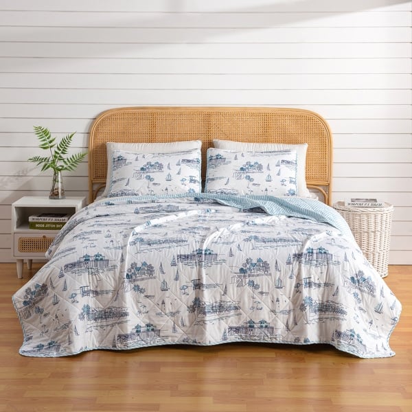 Luxurious Coastal Toile Microfiber Quilt Set With Shams - Bed Bath ...