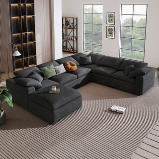 Black Oversized Sectional Sofa Modern Linen Fabric L-Shaped Corner-Sofas Set Reversible Chaise ...