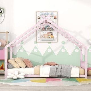 Pink Twin Size Metal Kids House Bed Wood Platform Bed with Roof - Bed ...