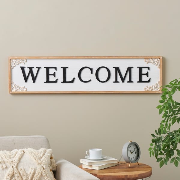 White Wooden Welcome Sign Home Wall Decor with Scroll Details - Bed ...