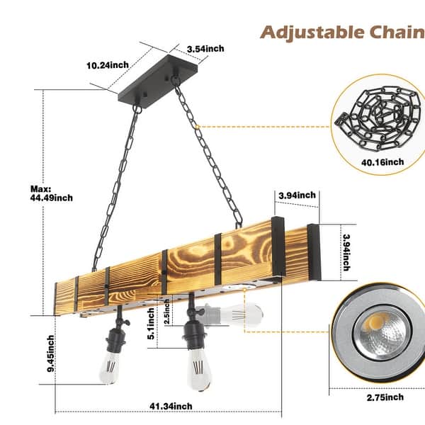 5-Light Rectangular Black Wood Industrial Vintage Rustic Linear ...