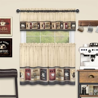 Achim Cozy Cafe Printed Kitchen Curtain Set, Tan-Black, Valance 58x13 ...