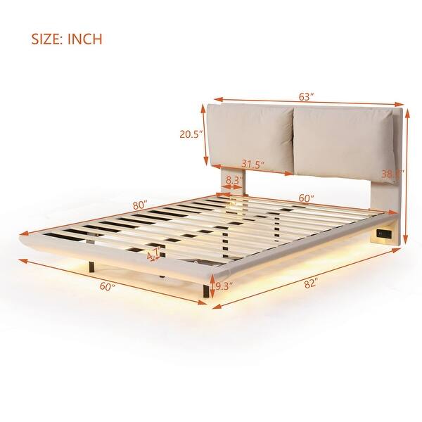 Queen Size Upholstered Platform Bed with Sensor Light and 2 sets of USB ...