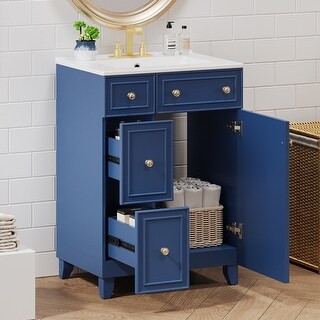 Blue Bathroom Vanity Cabinet with Ceramic Sink, 2 Drawers, 1 Door - Bed ...