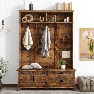 Rustic Brown Modern Hall Tree with Cabinet, 2 Drawers, 5 Coat Hooks ...